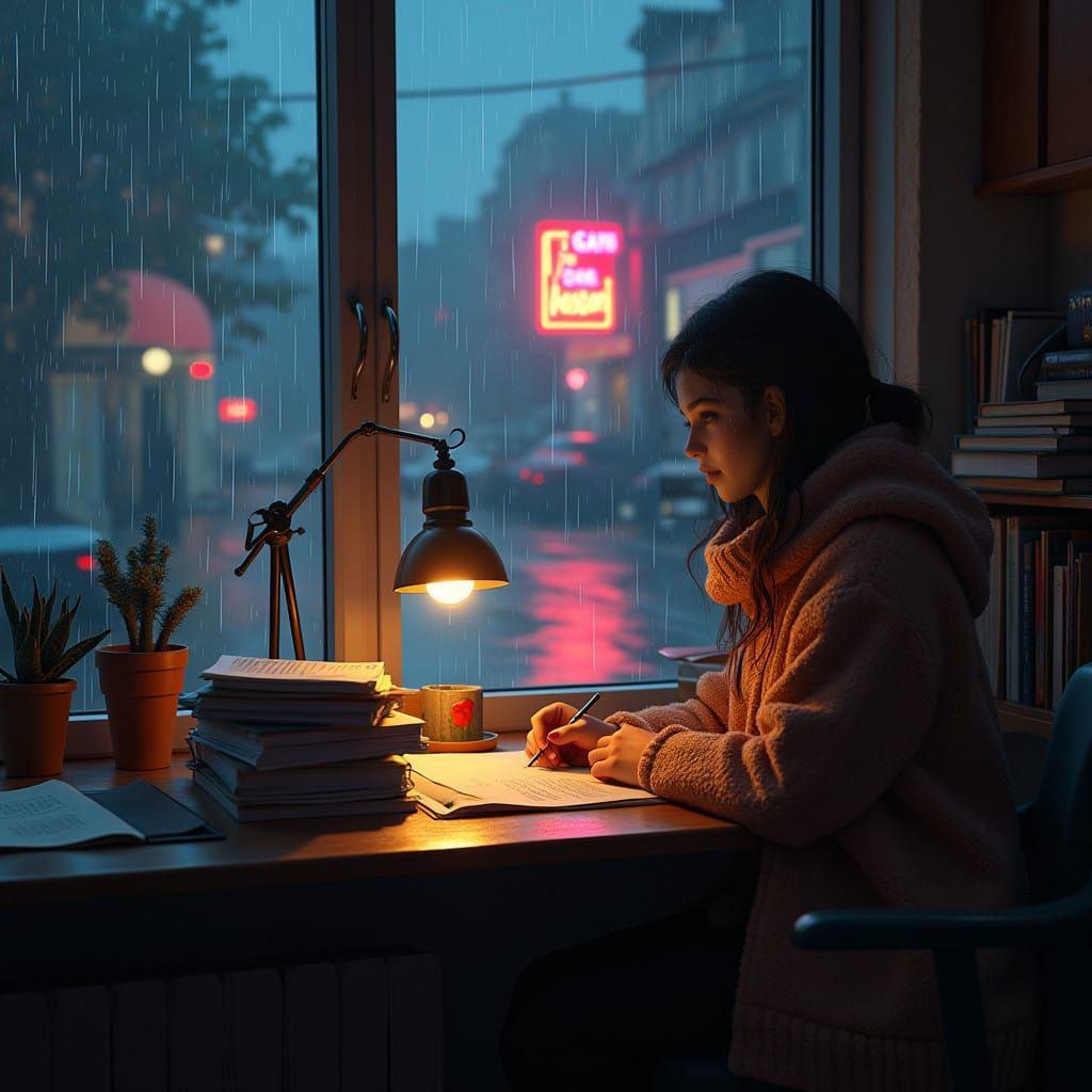 Student Studies Under Rainy Night Sky in a Cozy Ro... - AI Art