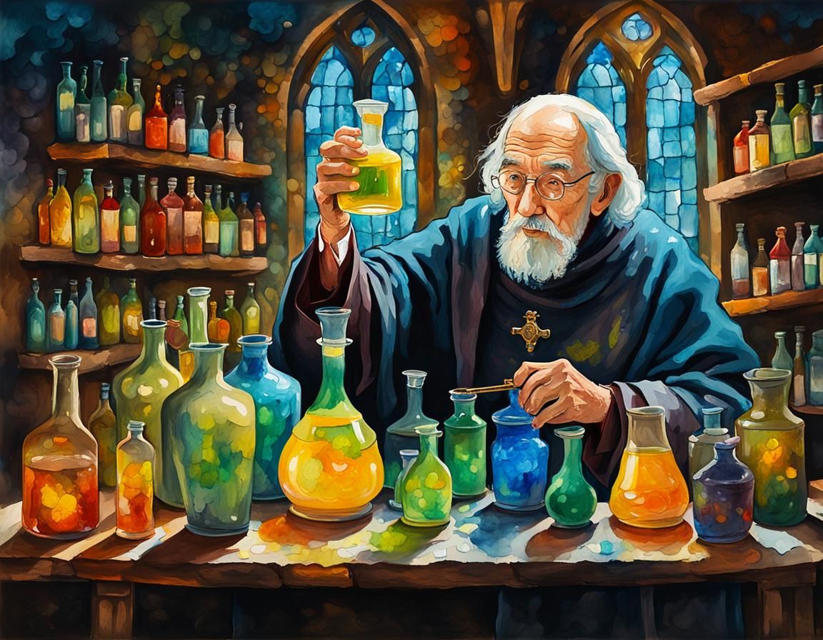 Alcohol inks, an elderly medieval alchemist surrounded by ...