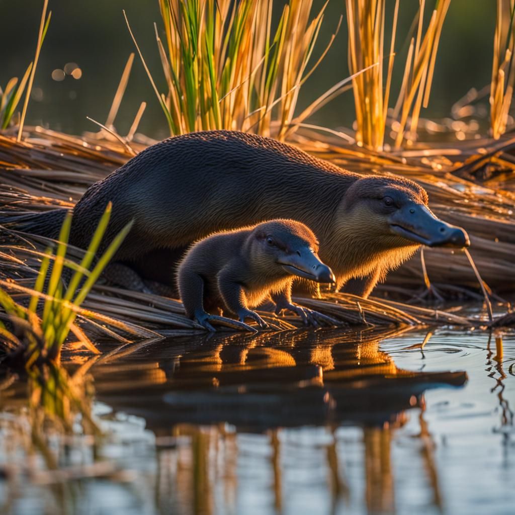 Baby platypus with Mother platypus, Wild high reeds, river shore, early ...
