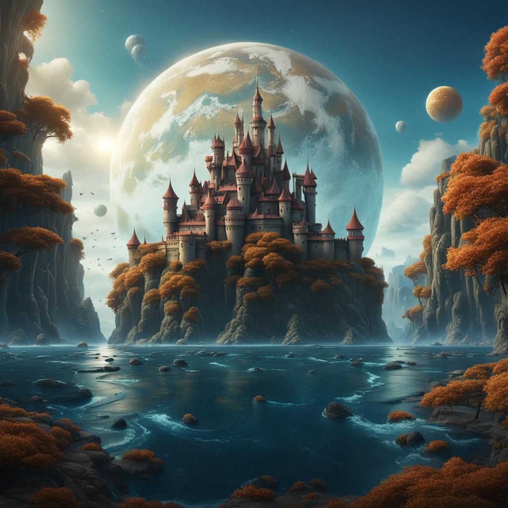 planet filled with water with tides and castle - AI Generated Artwork ...
