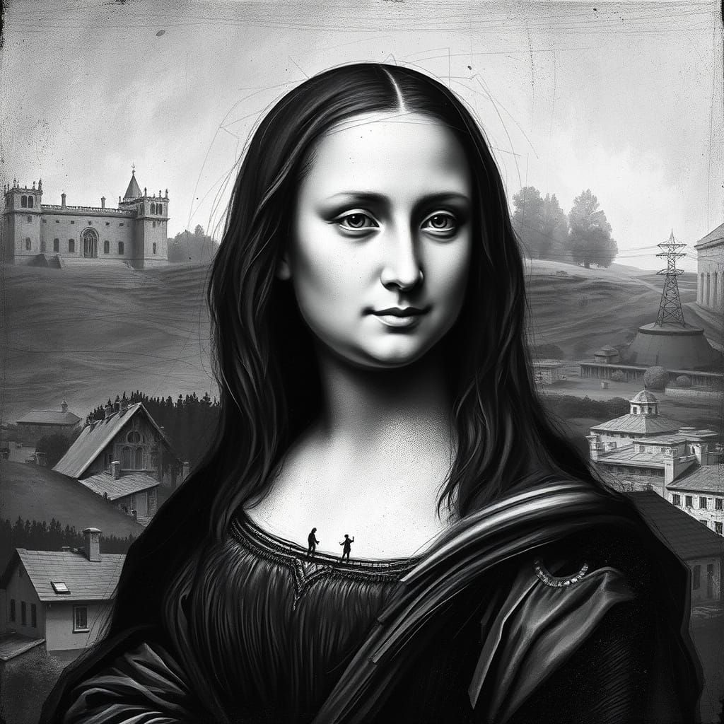 black and white image of the famous "mona lisa" painting