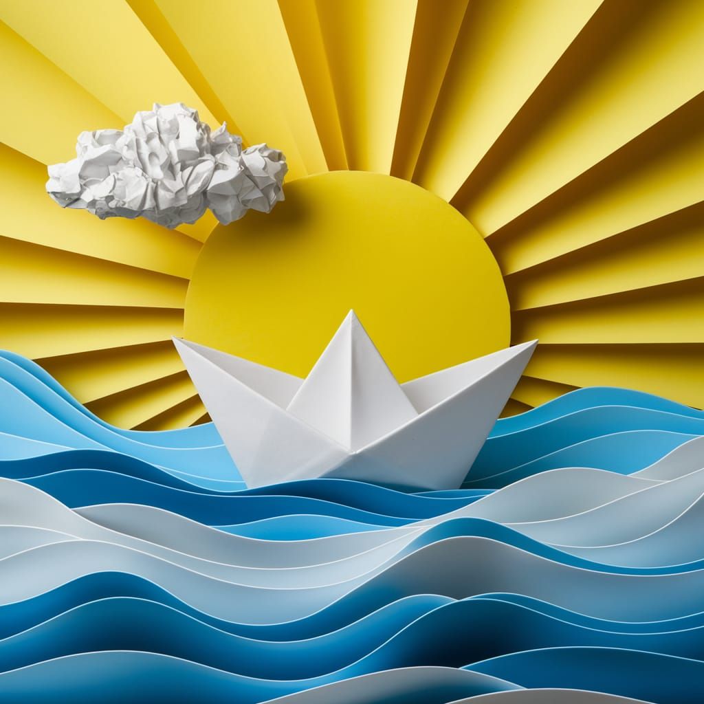 Origami Paper Boat Sails Across Serene Paper Waves - AI Art