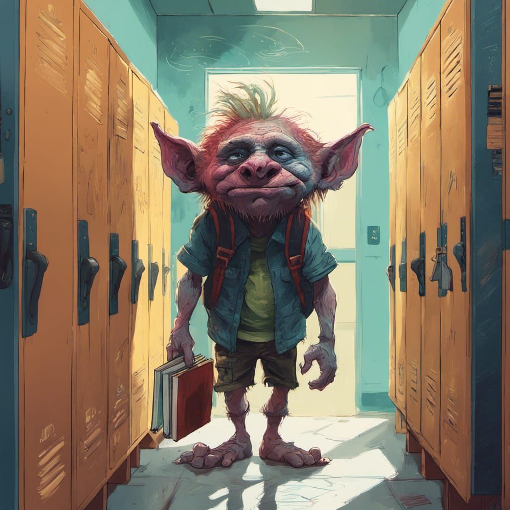 A close up of a small 8 year old Troll Creature standing in a school ...