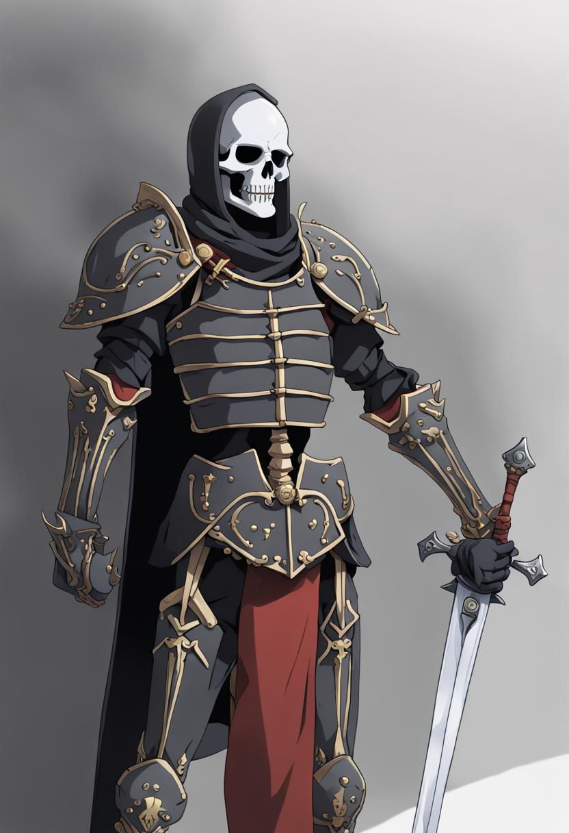skeleton, wearing dark grey armour that covers his entire body, holding a sword, a helmet on his ...