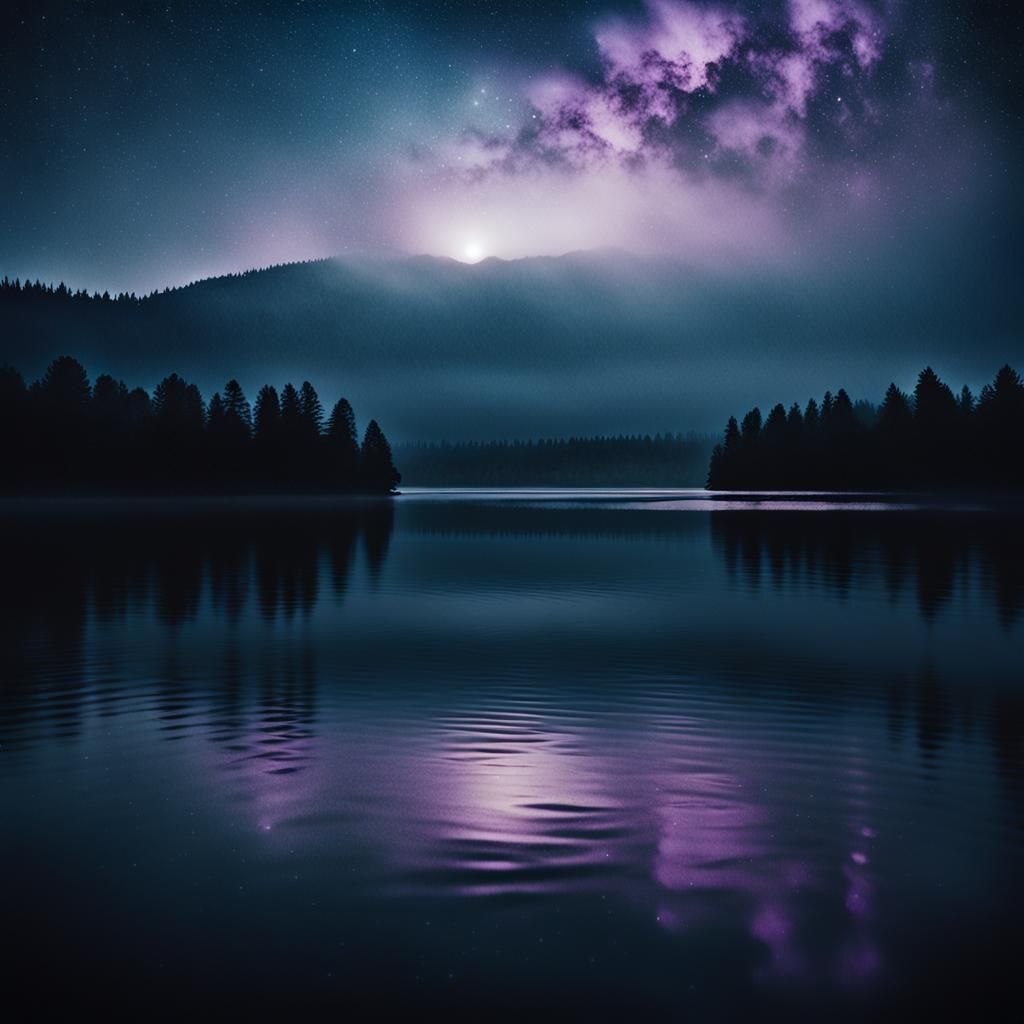 Luminous Lake Under Dark Skies - AI Art