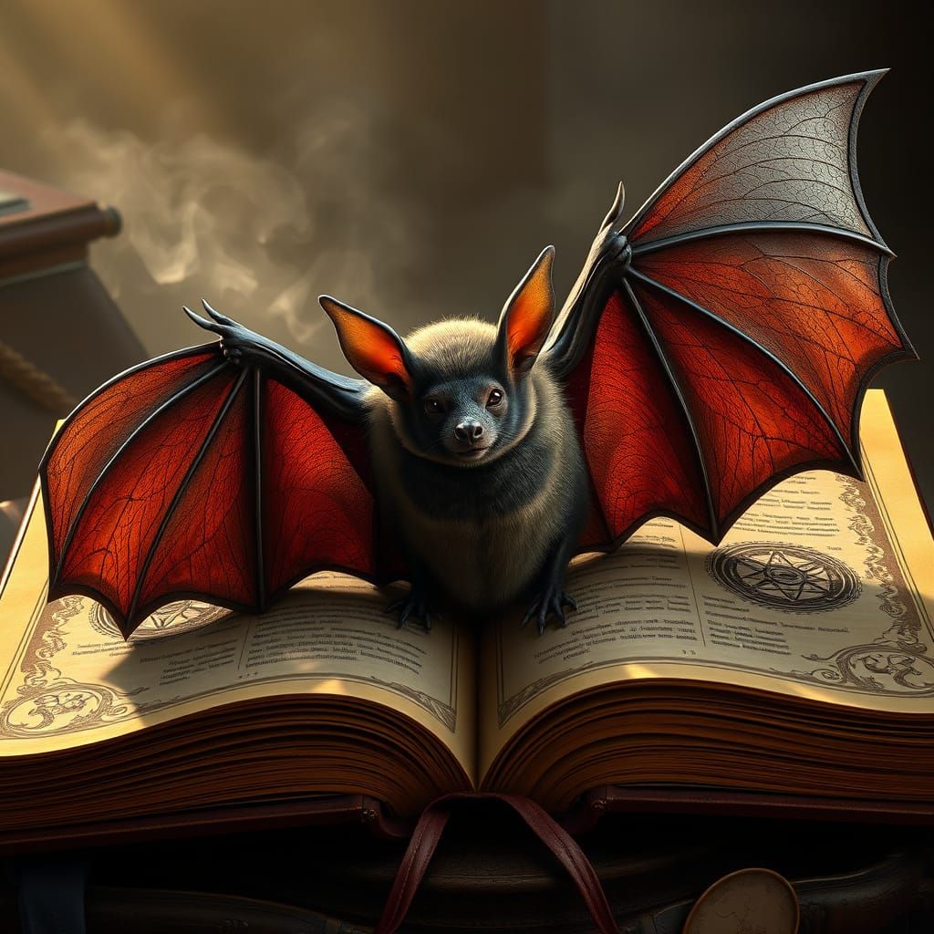 Magnificent Bat Emerges from Ancient Tome in Encha... - AI Art
