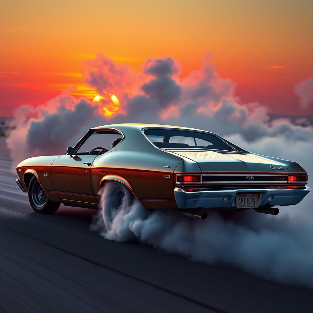 Vintage Muscle Car Unleashes Fury as Sunset Engulf... - AI Art