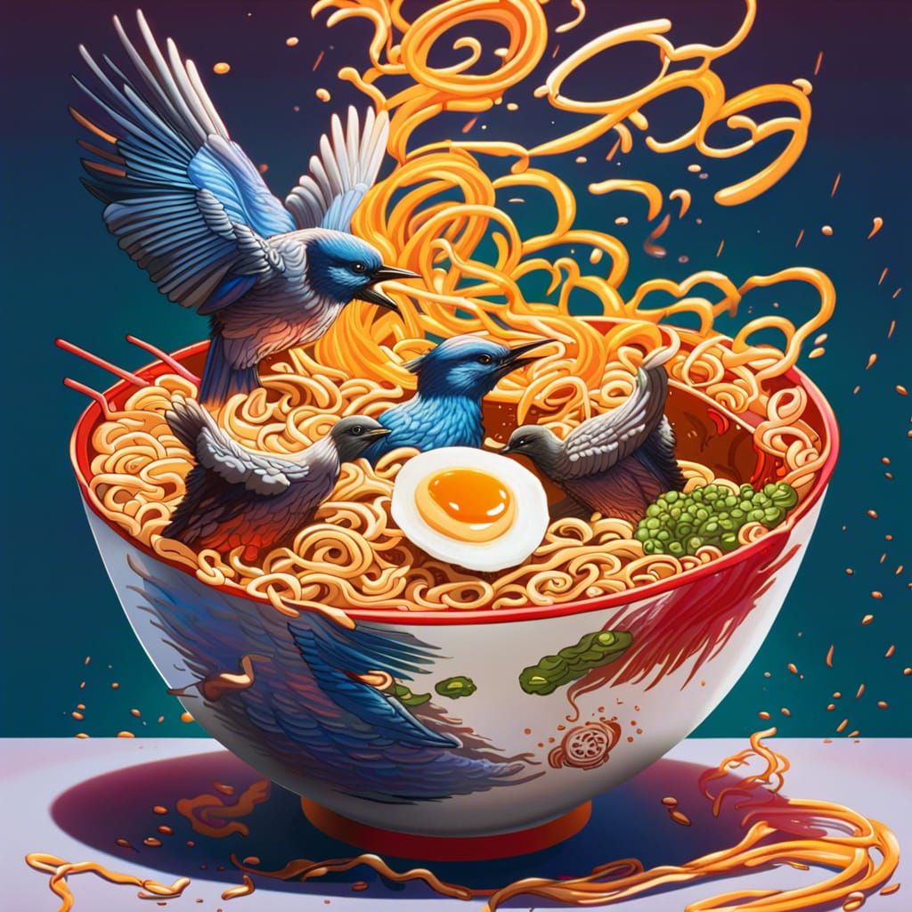 birds eating from a bowl of ramen - AI Generated Artwork - NightCafe ...