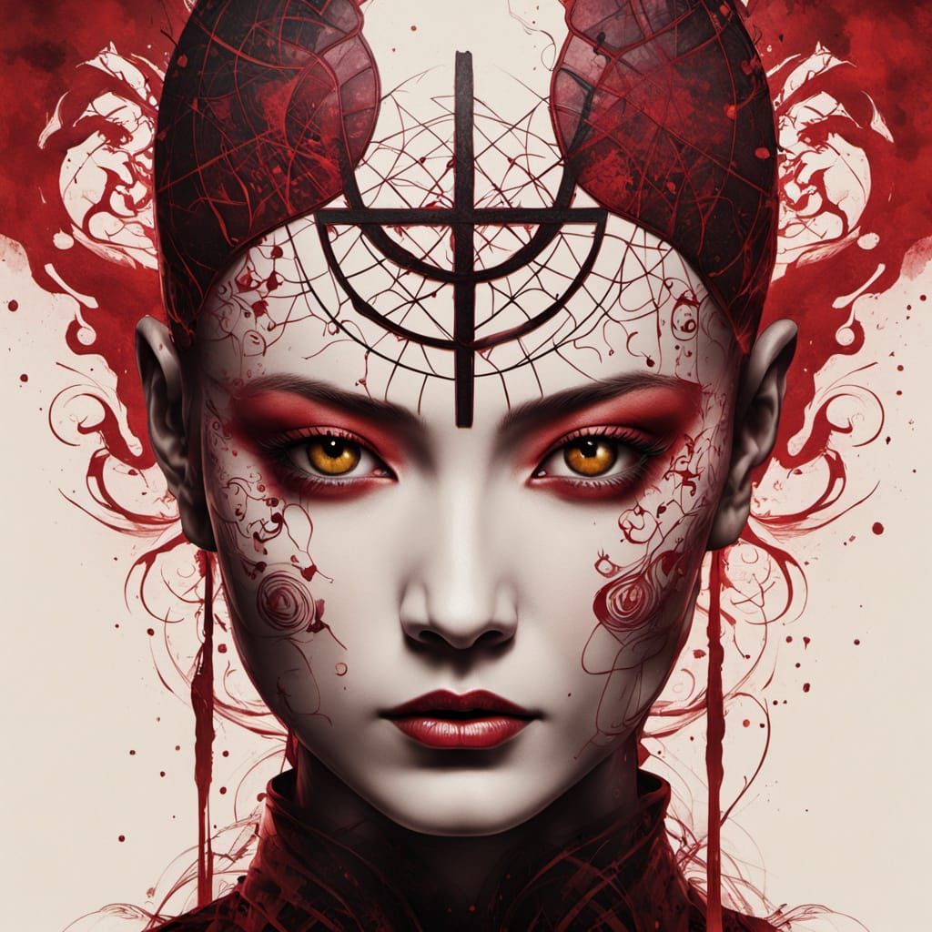 Pinhead in Ancient Rune Patterns, Minimalist Asian... - AI Art