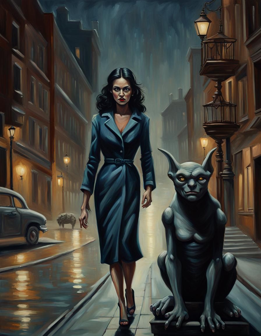 A beautiful dark-haired woman and a gargoyle walk down a dingy city ...