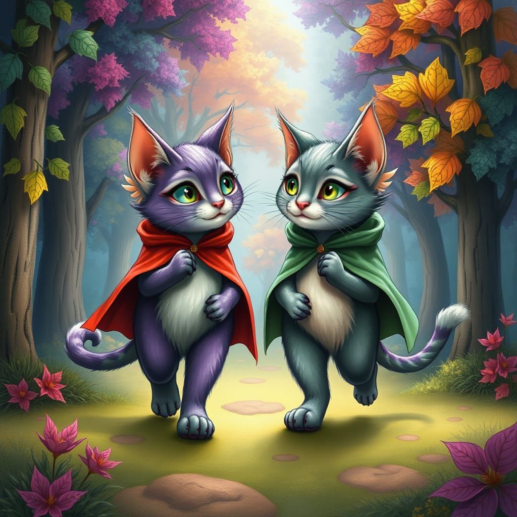 2 cute fantasy cat humanoids whose colors are purple and green who are ...