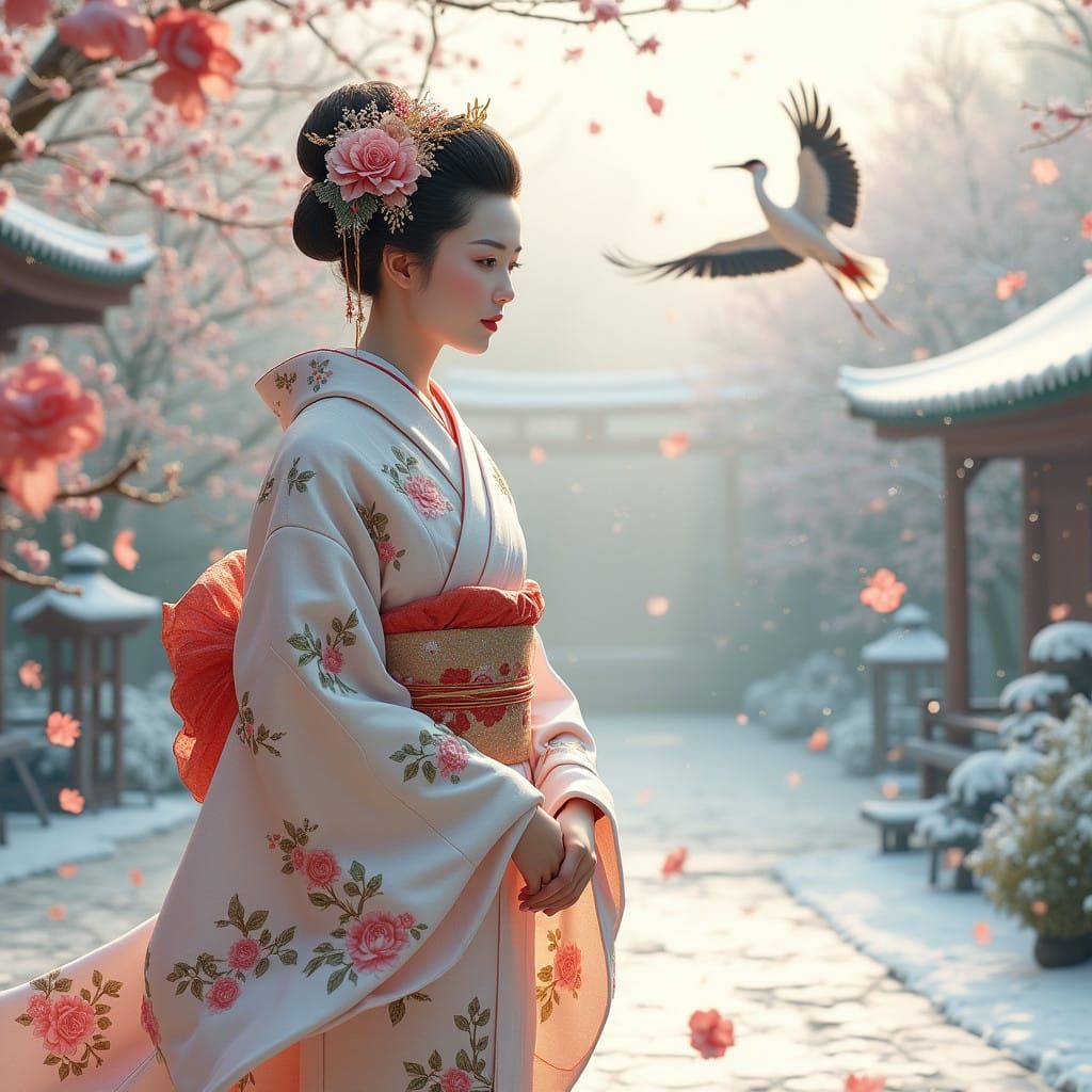 beautiful Japanese geisha wearing a white winter kimono decorated with ...