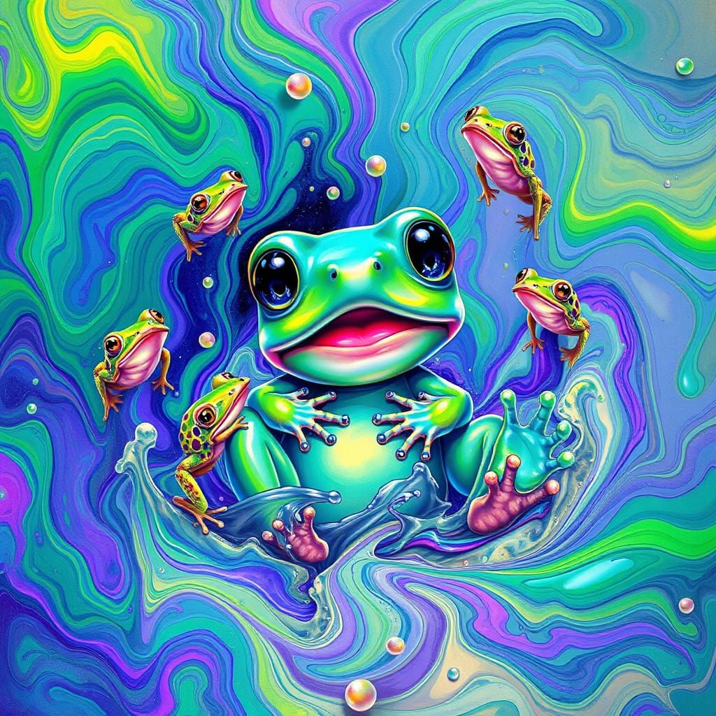 Vibrant Liquid Ink Splashes Around Grogu and Frogs... - AI Art