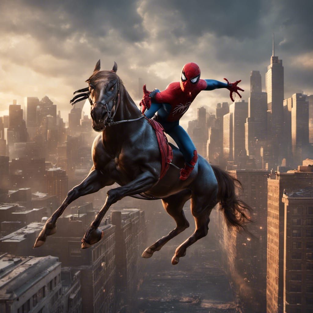 spider man riding a racehorse over buildings - AI Generated Artwork ...