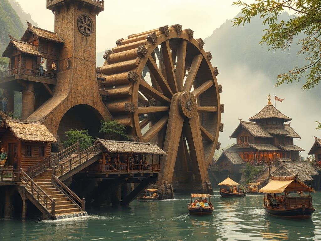 Majestic Fantasy Waterwheel Powers Whimsical Float... - AI Art