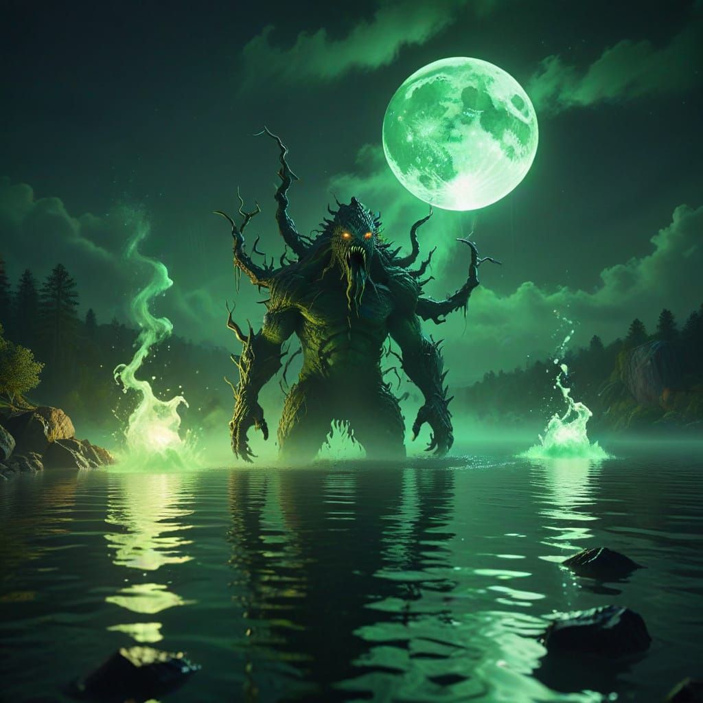Low-Poly Reservoir Monster Under Glowing Green Moo... - AI Art