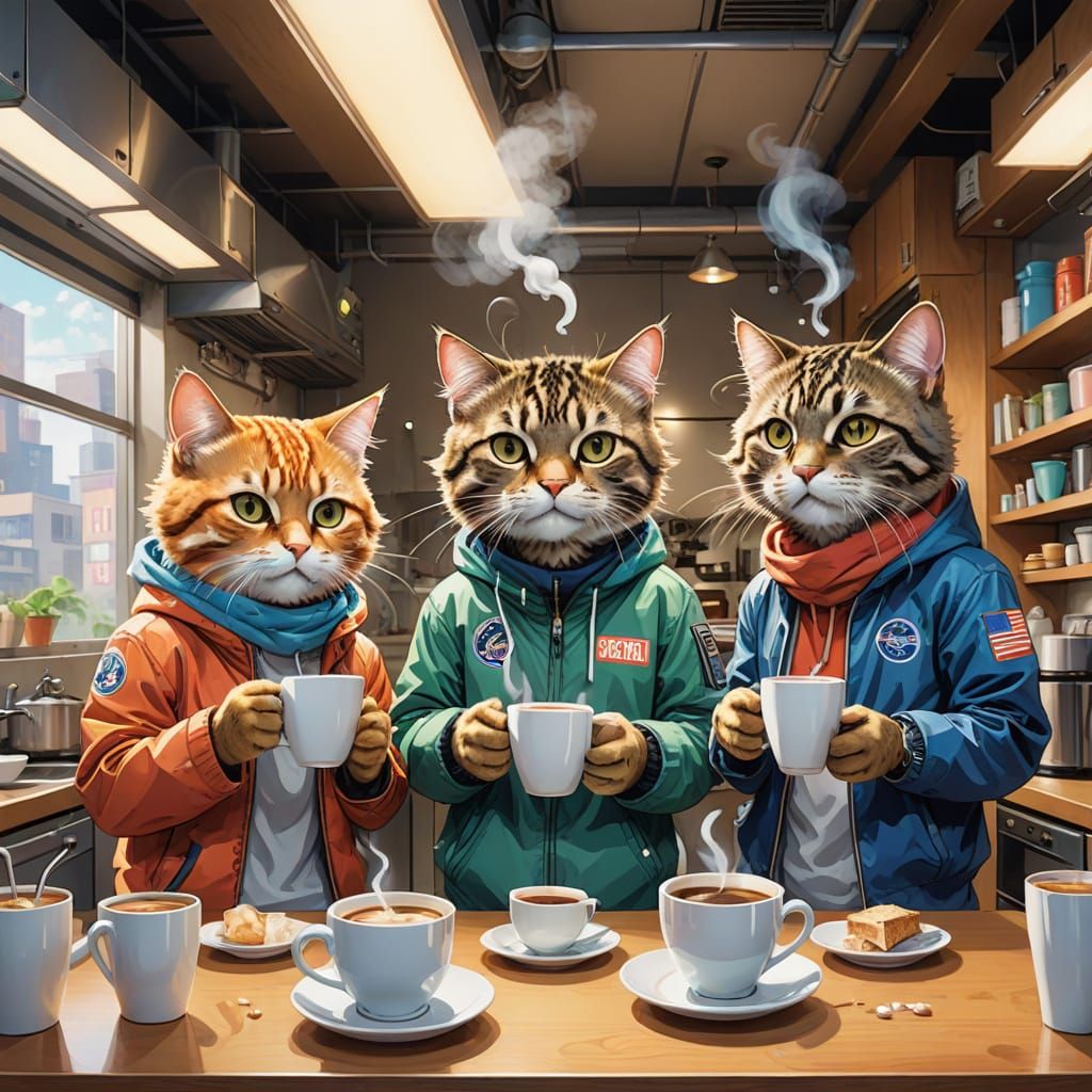 Space Cat, Tabby, and Bobcat enjoying their morning coffee before ...