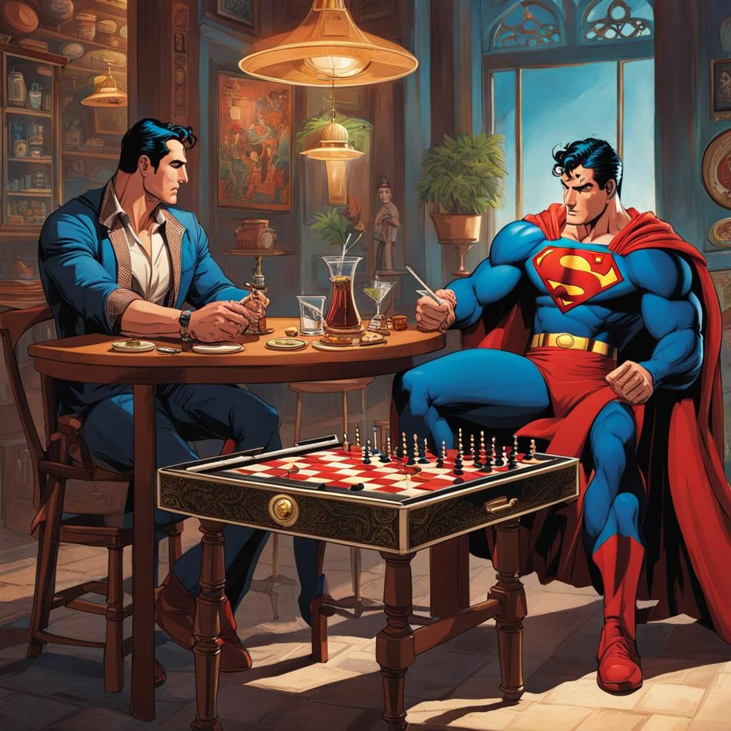 superman sitting on a chair playing backgammon and smoking hookah in a ...