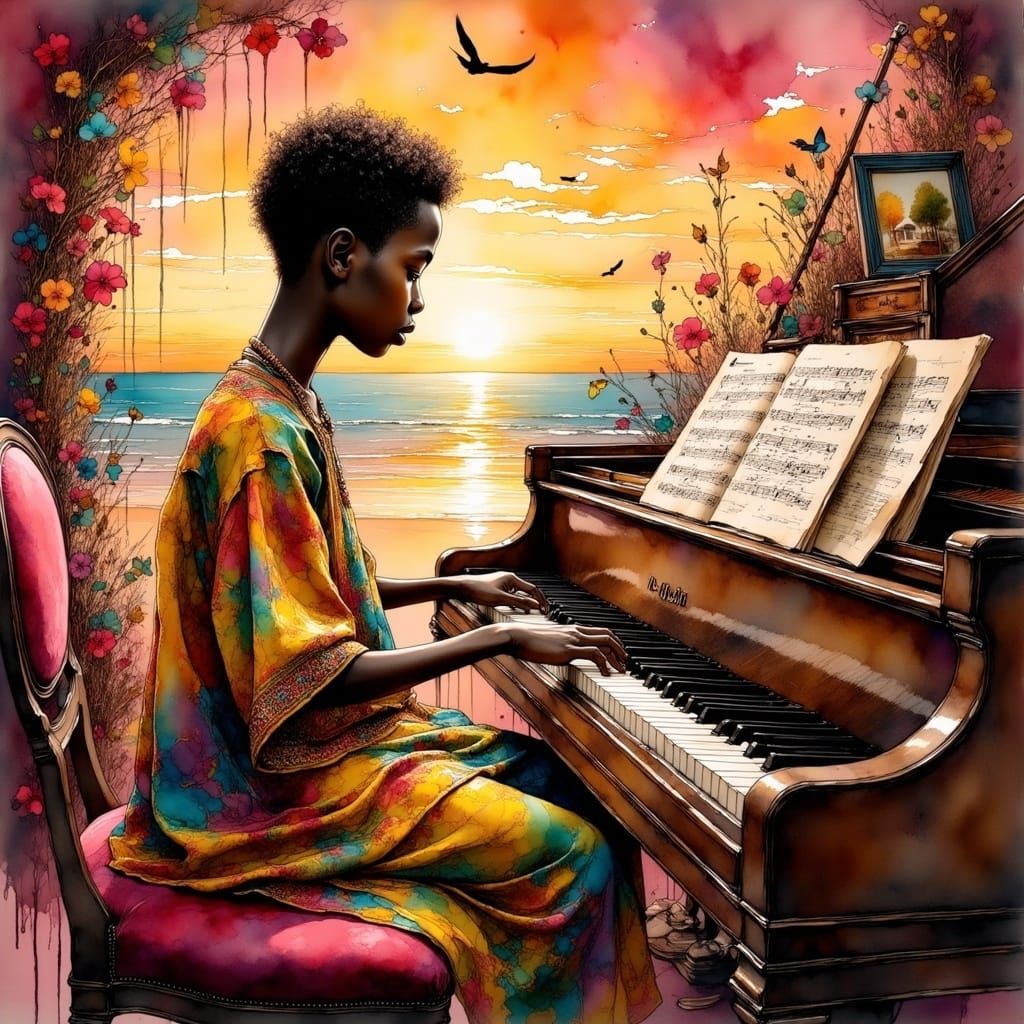 At sunset, a young African boy sat on a couch and played a piano near ...