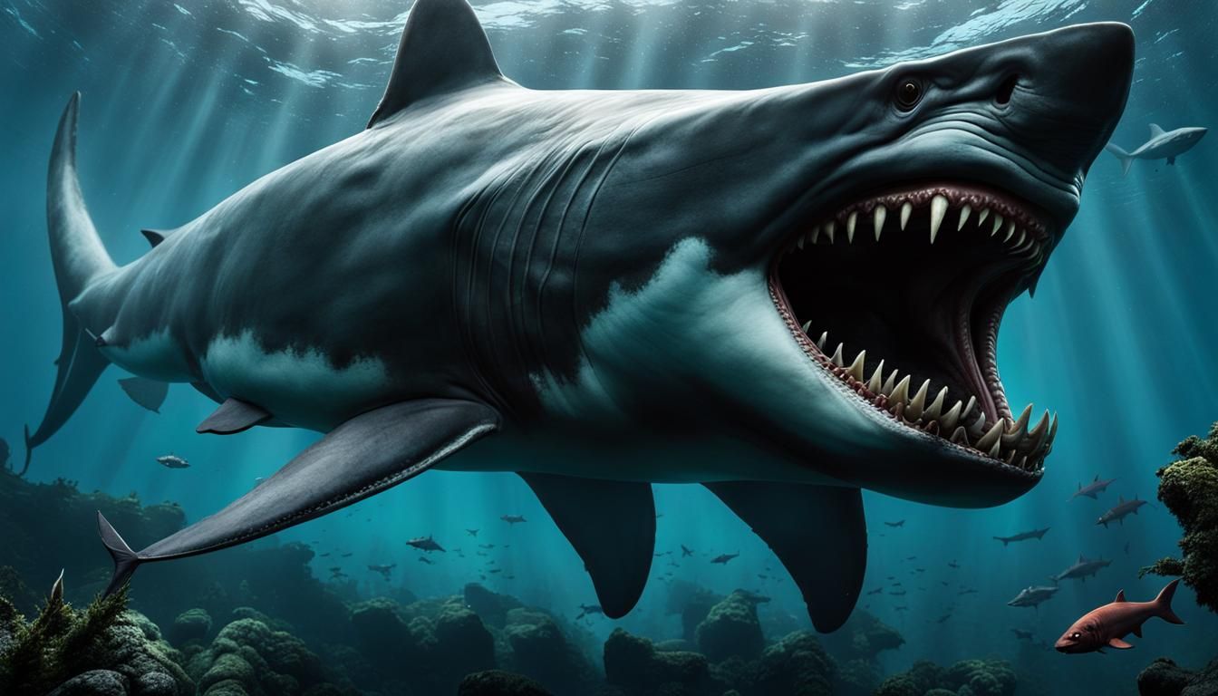 Award-winning masterpiece meticulously detailed Enraged megalodon, dark ...