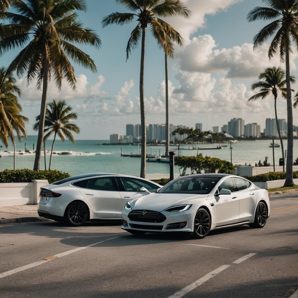 Tesla model s plaid in miami beach parked on the road with the sea in ...
