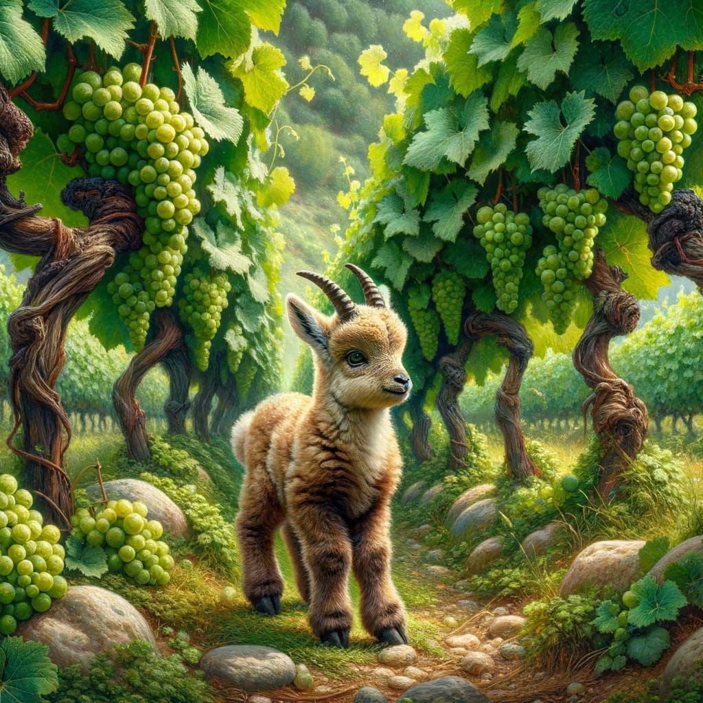 Cute Ibex in Vineyard - Rustic 18th Century Oil Painting of ...
