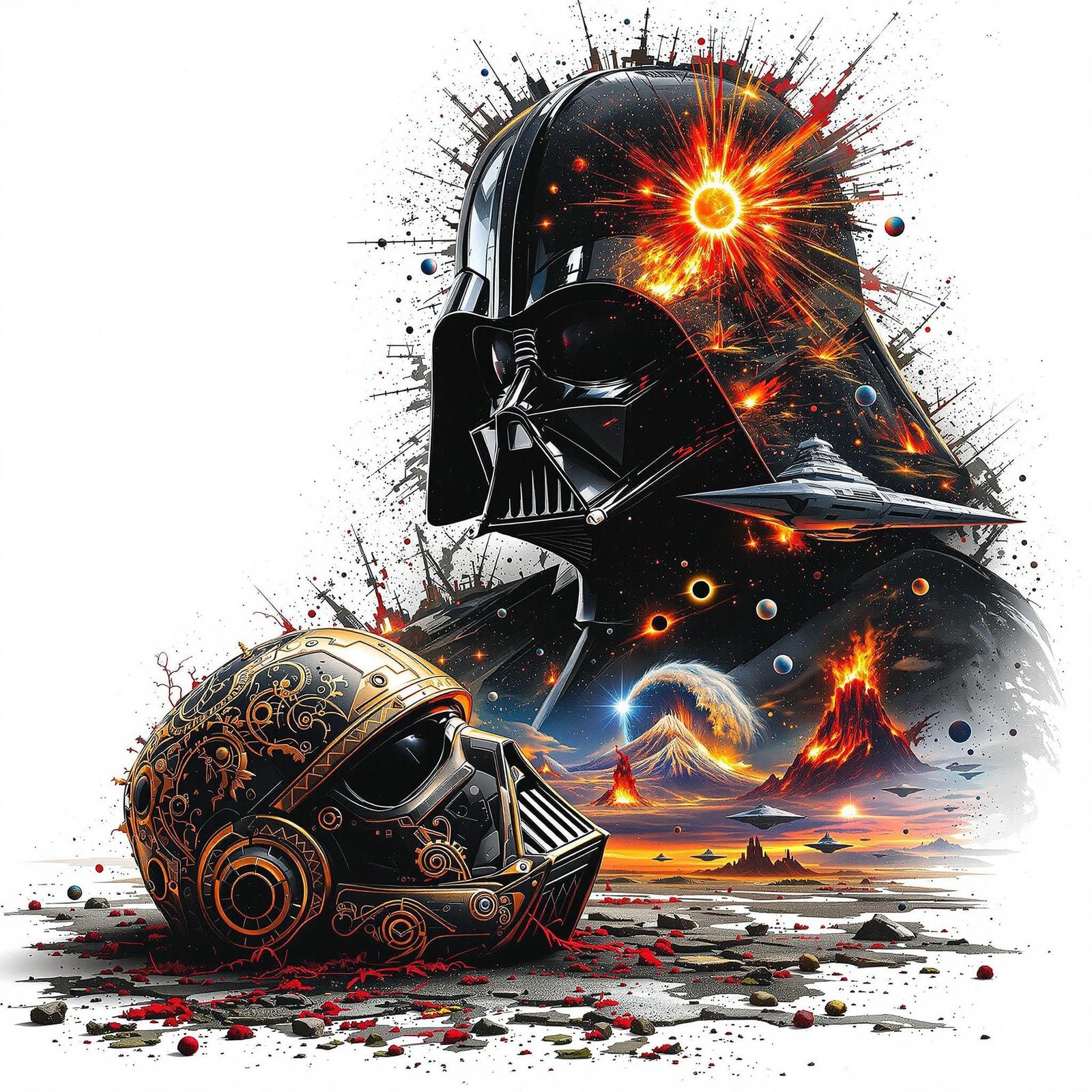 A dark, ominous, double-exposure illustration of Darth Vader, his ...