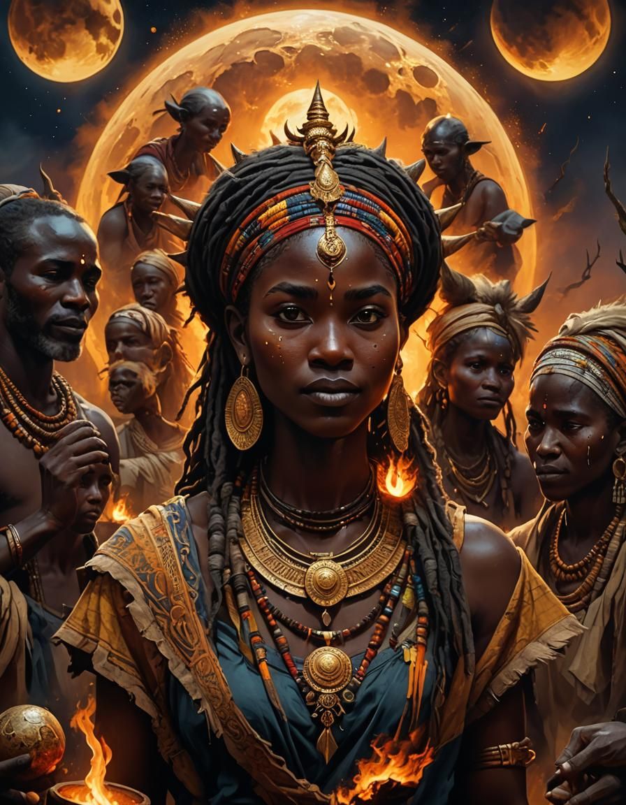 a framed portrait oil paint of a moon ritual from the African villagers ...