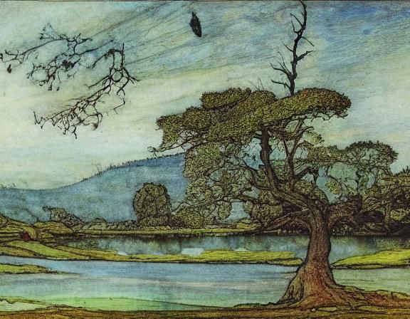 landscape with lake and old oak trees, by Arthur Rackham, Carne ...