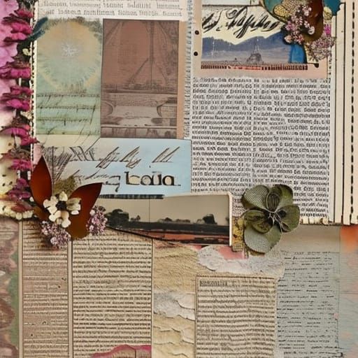 Scrapbook page collage, photos, newspaper clippings, stamps, pressed ...