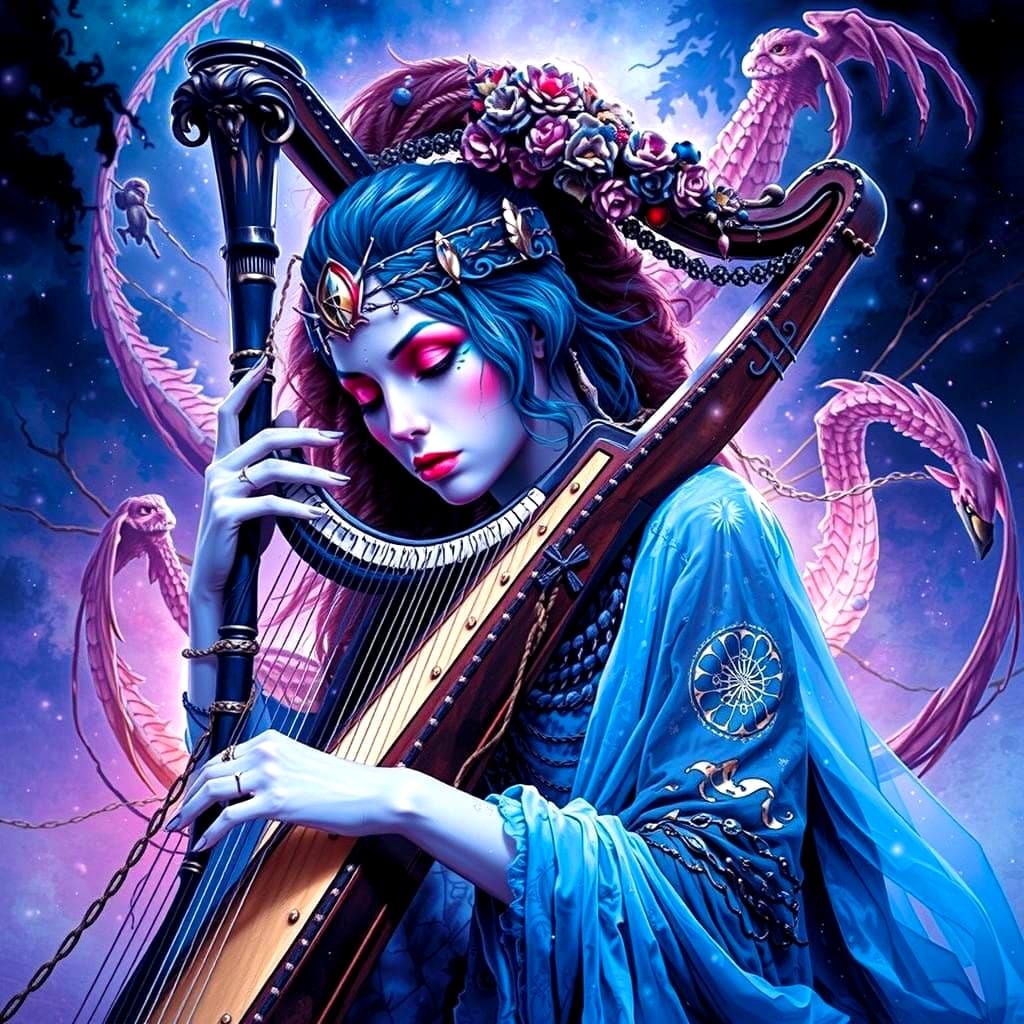 (🌒🔥😭:1.5) Radiant Harlequin Medusa Plays Harp, Mausoleum, Sfumato Smoky ...