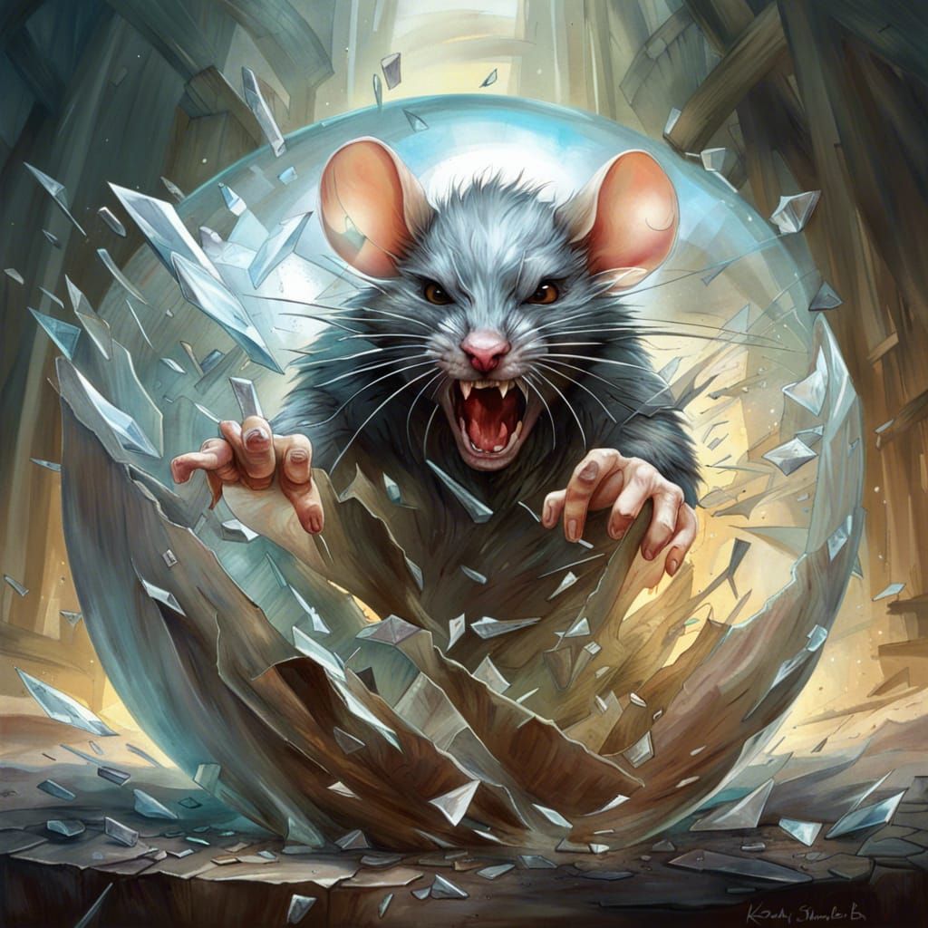 Angry mouse breaking out of a "broken glass orb with jagged edges ...