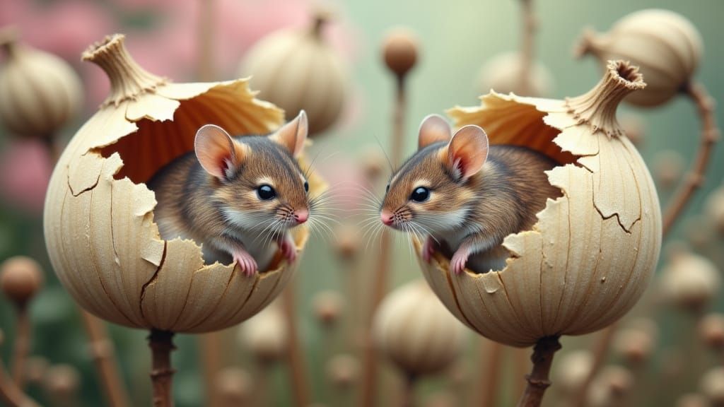 Two dried poppy seed pods, each housing a field mouse.