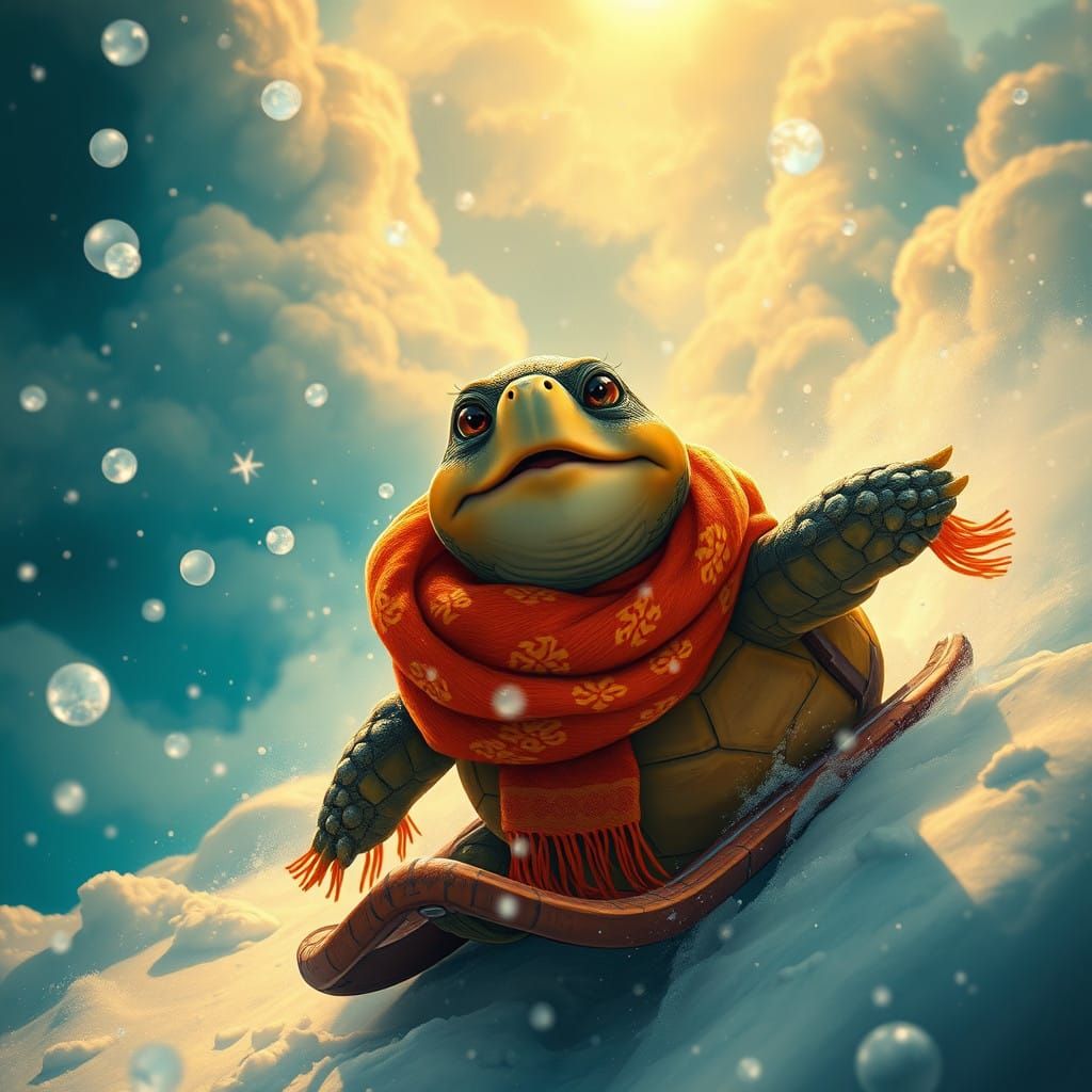 Realistic oil painting. A turtle with a scarf sledging. It's snowing a ...