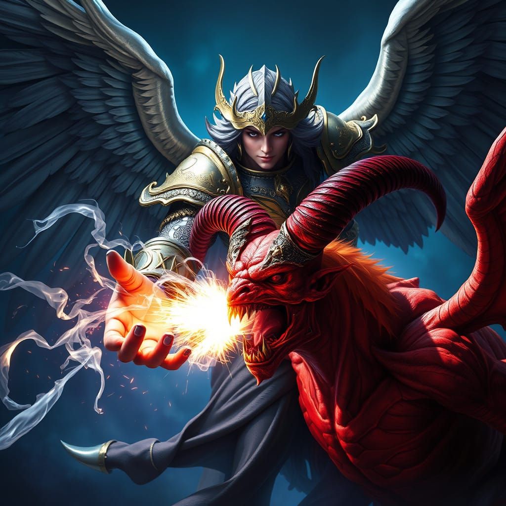 Angel Confronts Demon with Radiant Magic - AI Art