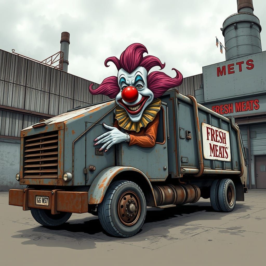 Clown garbage man working a district with meat packing plants