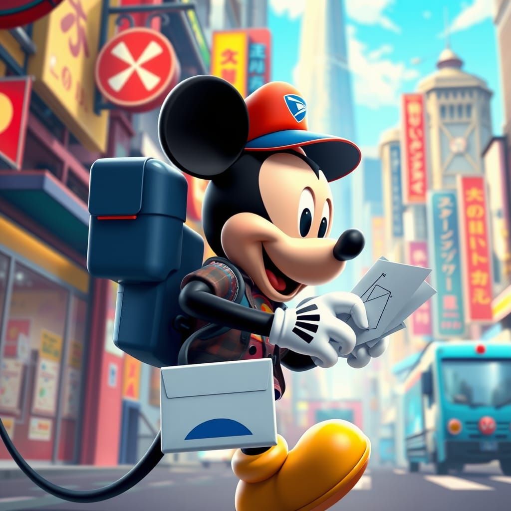 Mickey mouse as postman - Mickey Mouse in Vibrant Cityscape...