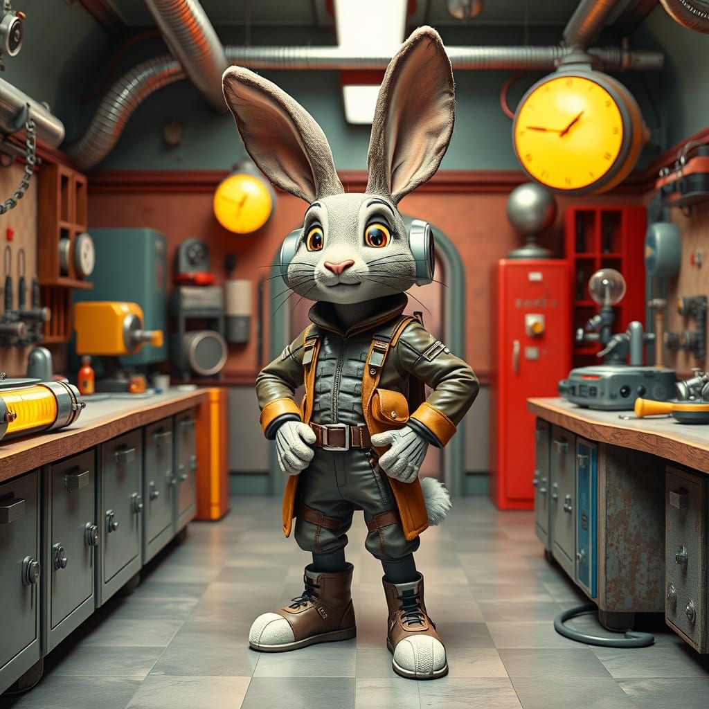 Retro Sci-Fi Rabbit Adventurer in Claymation Style - AI Art