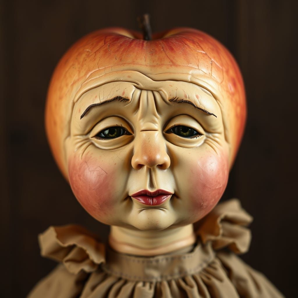 wrinkled old apple head doll - Warm-Toned Folk Art Doll with...