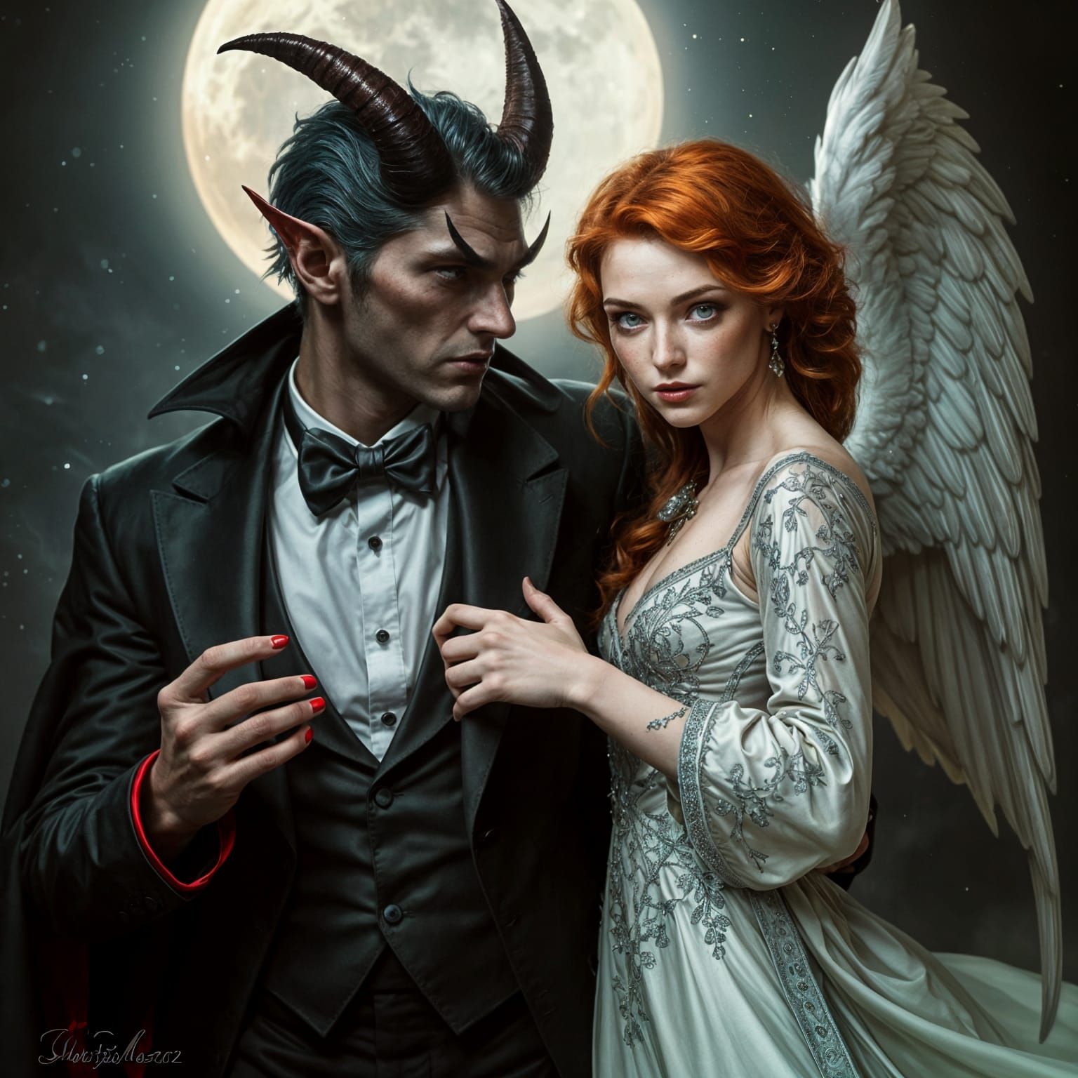 male demon dancing with a angel under the moonlight