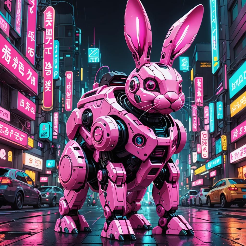 pink Robo-Cyborg bunny cute pet in a retro-futuristic neon city, retro ...