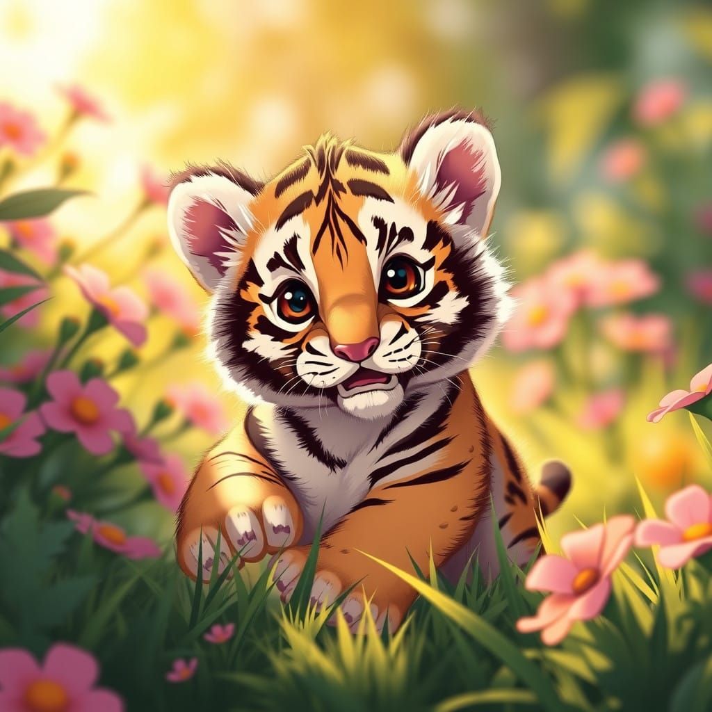 Tiger cub - Adorable Tiger Cub in a Vibrant, Sun-Kissed Envi...