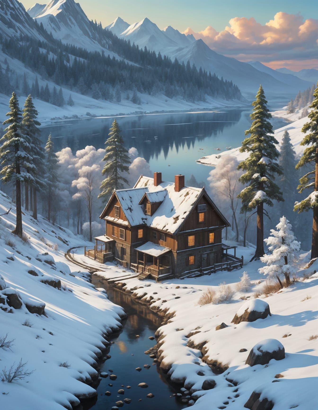 The cabin - Surreal Winter Wonderland in Hyperrealistic Digi...