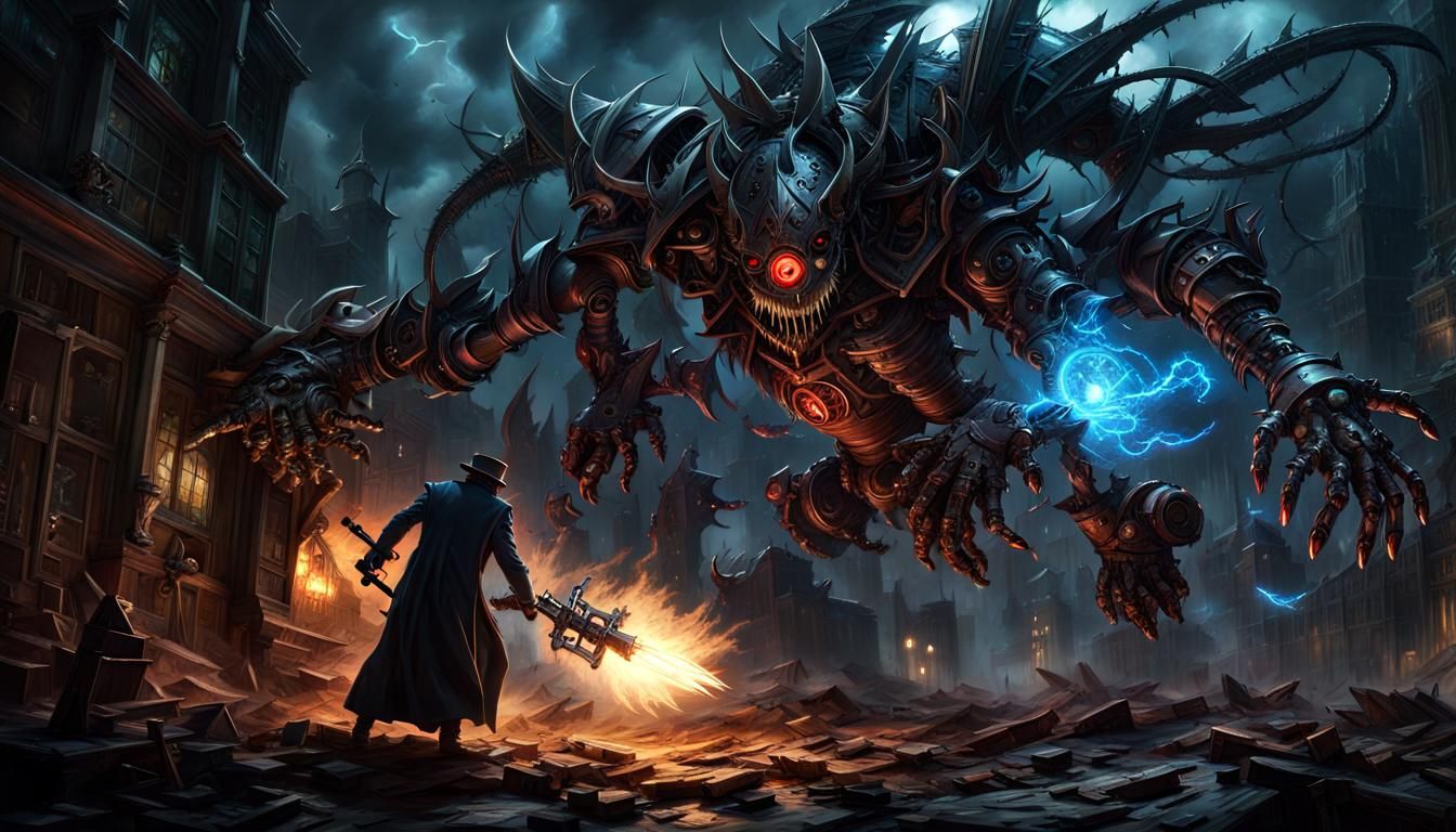 A evil hybrid-demon-god being attacked by a bloodborne style steampunk ...