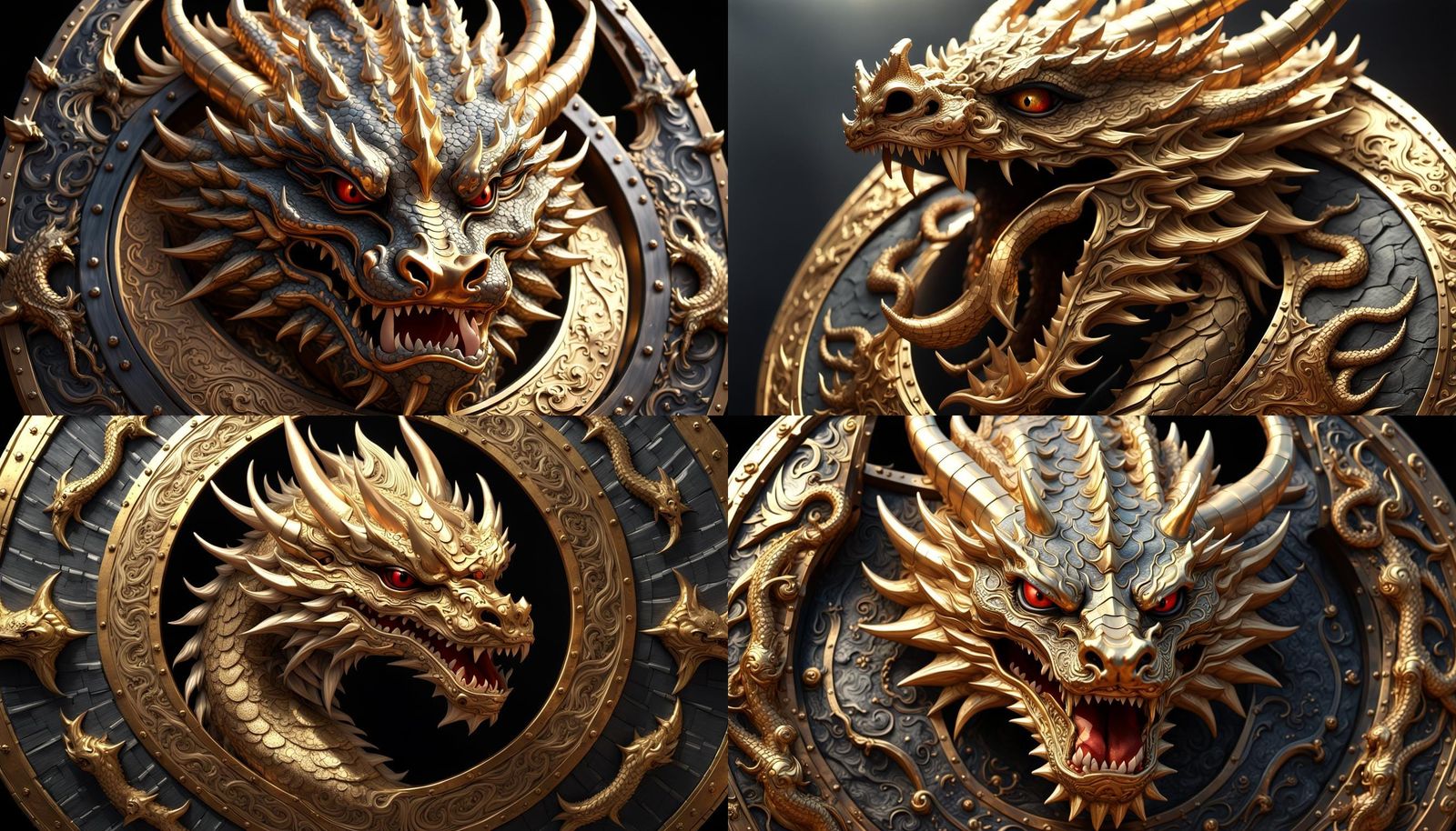 gilded dragos head in medieval fantasy shield, full shield in frame ...