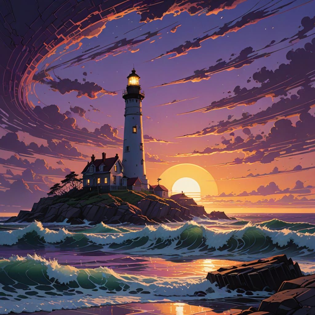 A lighthouse in purple shades - Majestic Lighthouse in Regal...