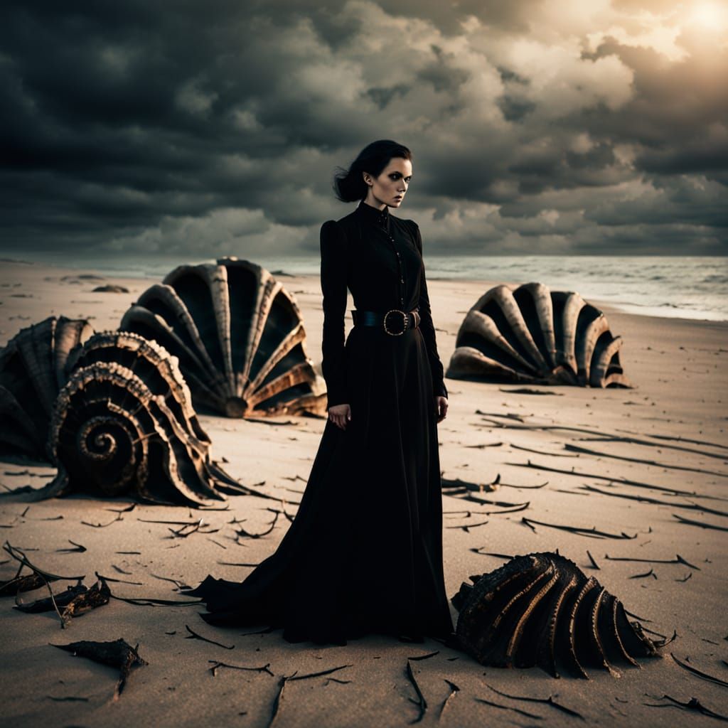 Goth Model on Beach with Bonfire, Film Noir - AI Art