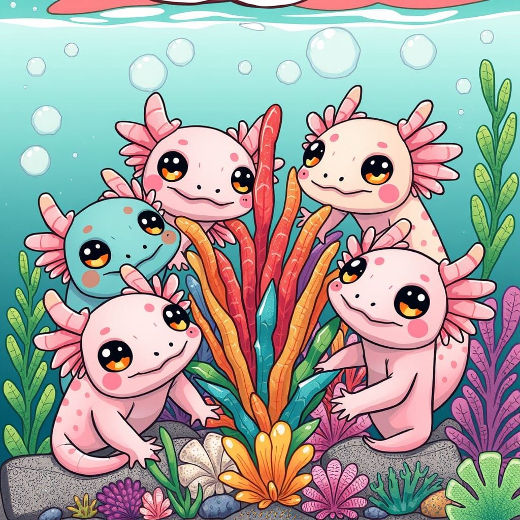 A group of axolotls drawn in a chibi style.