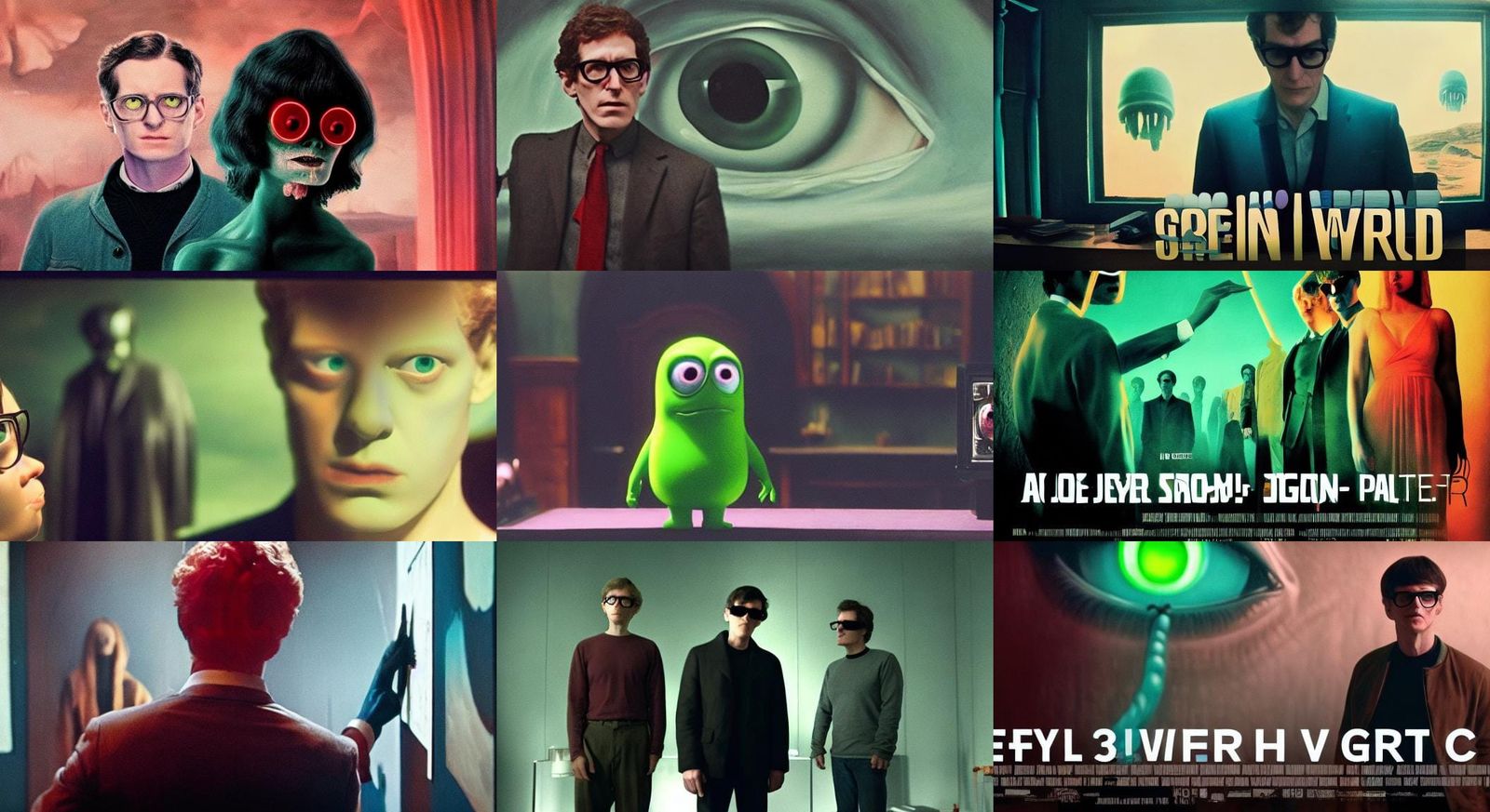 a man standing in front of a painting of an eye, pulp style poster ...
