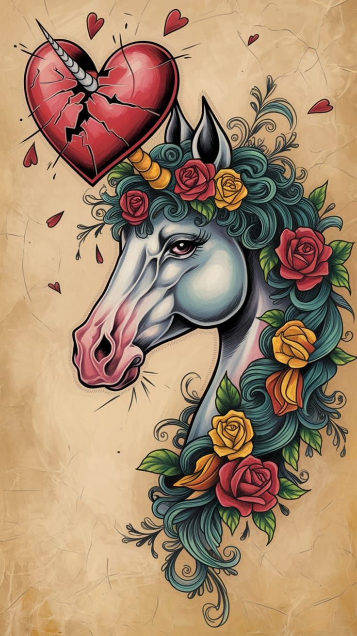 a valentine heart being skewered and shattered by a unicorn's horn, the head of the unicorn has ...